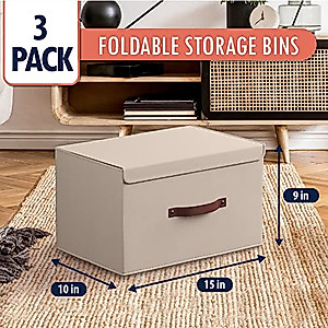 Ornavo Home 3 Pack Collapsible Storage Bins with Lid, Foldable Linen Fabric Shelf Storage Basket Closet Organizer and Large Storage Box for Clothes with Leather Handles, 15 x 10 x 9, Beige