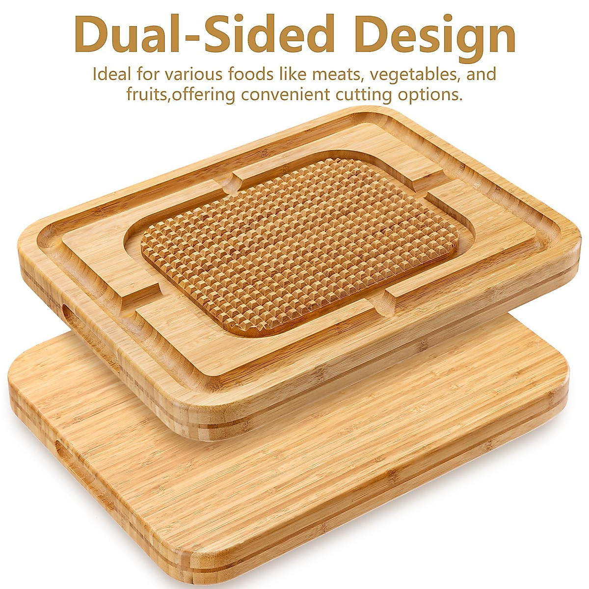 eletecpro Turkey Cutting Board with Grid Grip, Large 17x13x1.5 Inch Bamboo Steak Carving Board, Thick Butcher Block Reversible with Deep Juice Drip Grooves, Thick Serving Tray,Natural