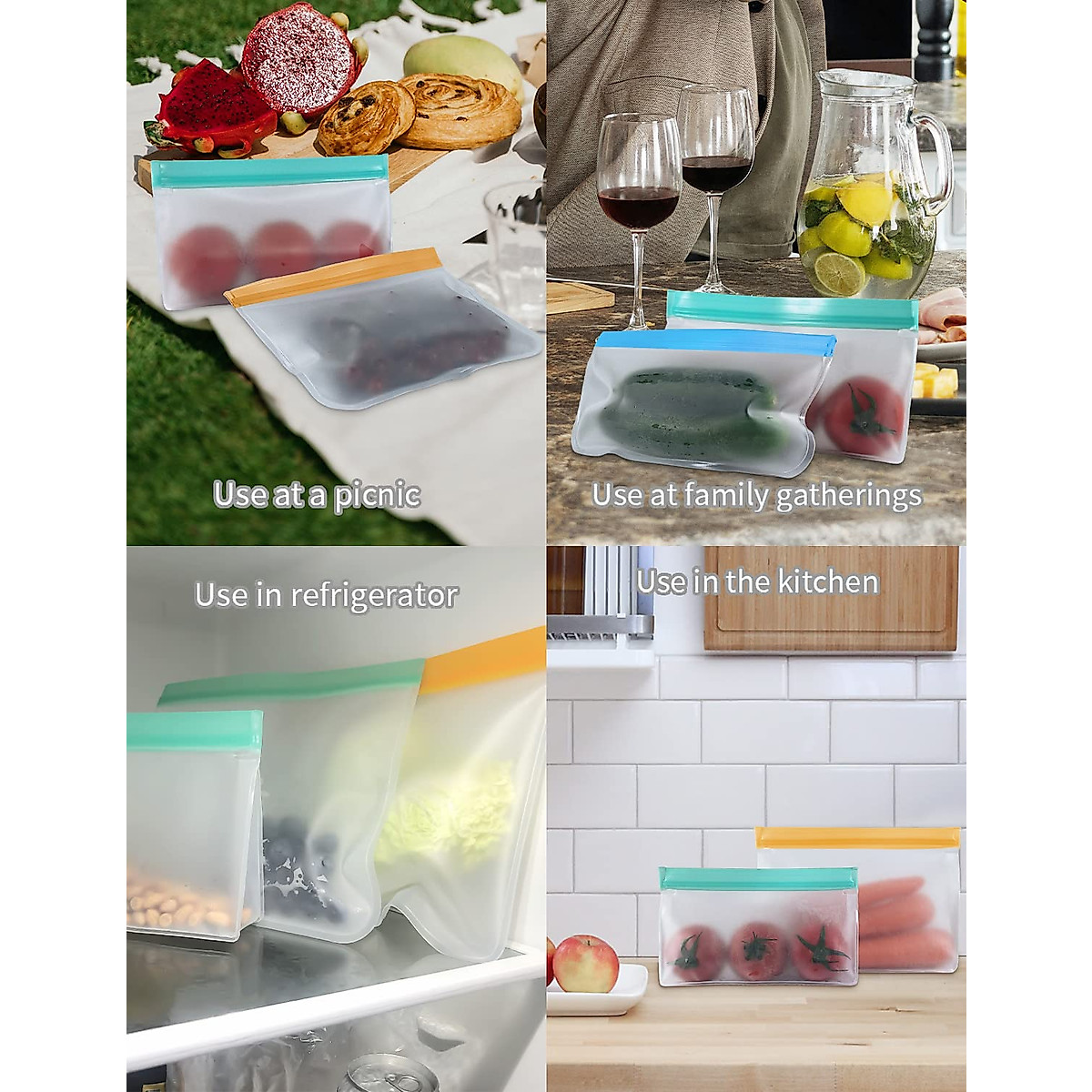 Reusable Food Storage Bags - Axbima 12 PACK PEVA Reusable Freezer Bags for Sandwich - Stand-up Reusable Snack Zip lock bags for Home/Travel Meat Fruit Vegetables Cereal Nuts (Multicolored)