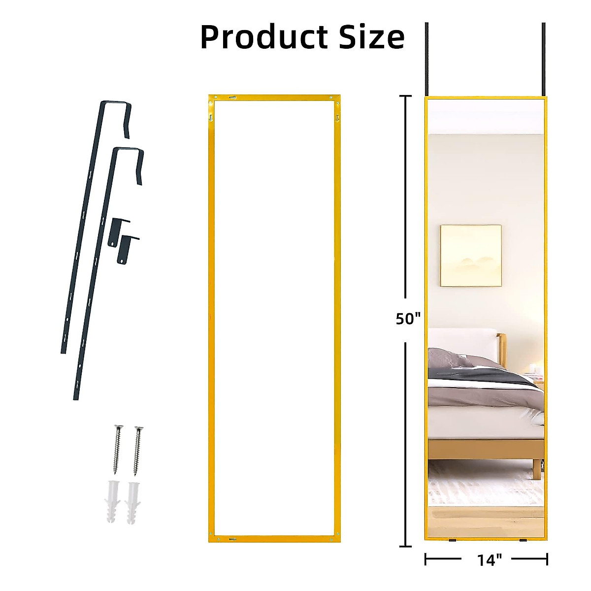 FANYUSHOW Full Length Mirror, Over The Door Mirror or Wall Mirror with Hanging Brackets, Full Body Mirror for Bedrooms, Bathrooms, Living Room, Gold, 50” x 14”