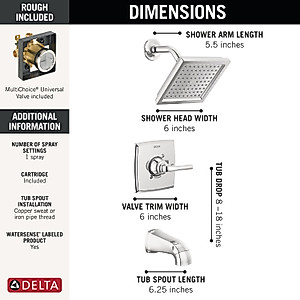 Delta Faucet Geist 14 Series Tub and Shower Trim Kit, Chrome Shower Faucet with Single-Spray Chrome Shower Head, Shower Faucet Set Complete, Chrome 144864 (Valve Included)