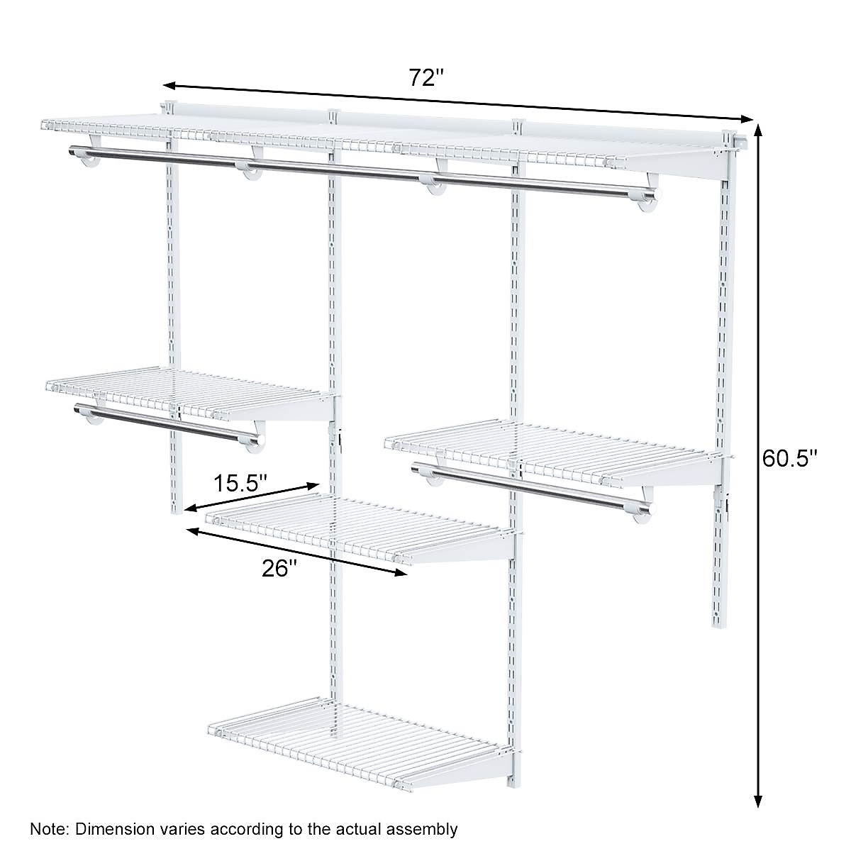S AFSTAR 4 to 6 FT Mounted Closet Systems, Height Adjustable Custom Clothes Closet Kit with 3 Hanging Rod & 6 Storage Shelves, Wall-Mounted Clothes Closet Organizer for Bedroom Apartment, White