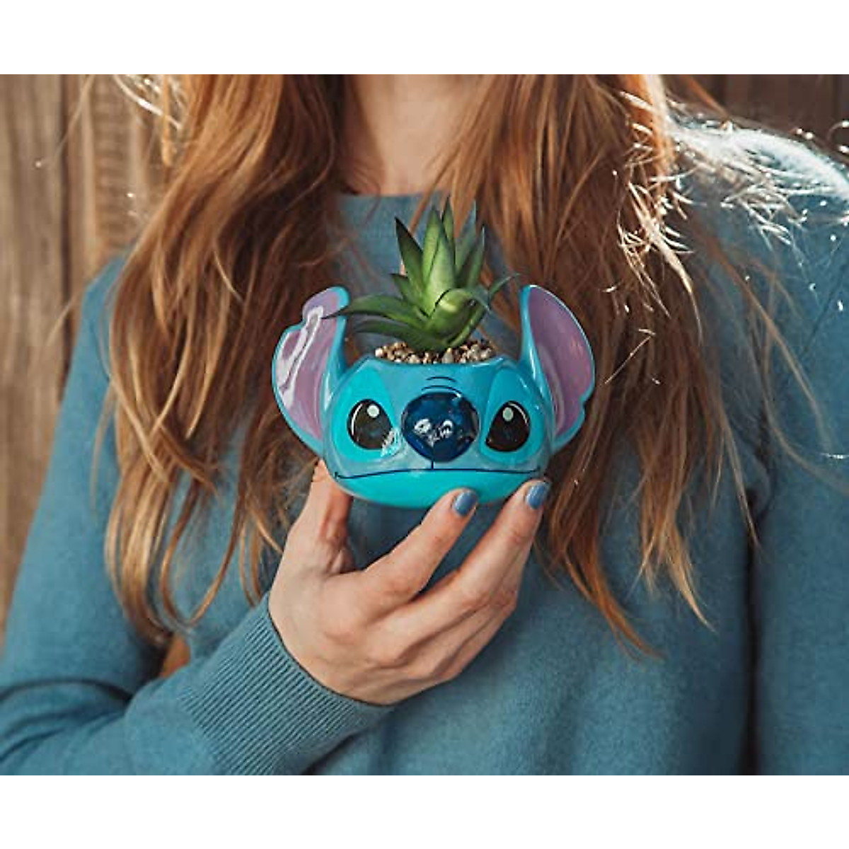 Disney Lilo & Stitch 3-Inch Ceramic Mini Planter with Artificial Succulent | Small Flower Pot, Faux Indoor Plants for Desk Shelf, Home Decor Trinket Tray and Collectibles (Blue, One Size)