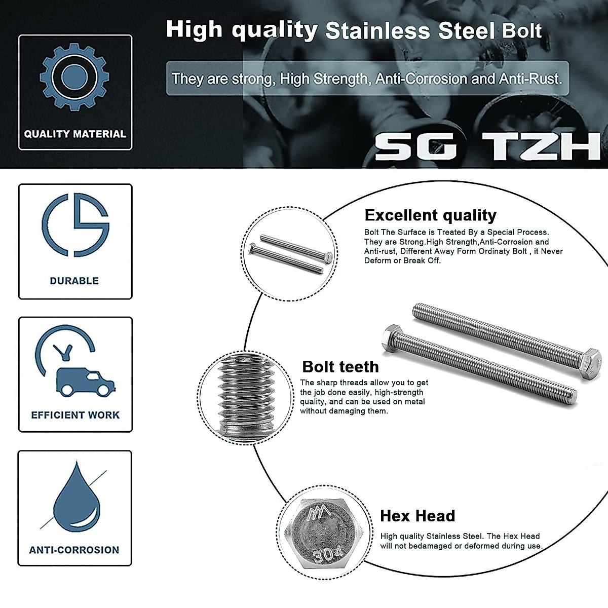 5/16-18 x 2" Hex Head Screw Bolt, 20Pcs 18-8 (304) Stainless Steel, Fully Threaded, Plain Finish, by SG TZH