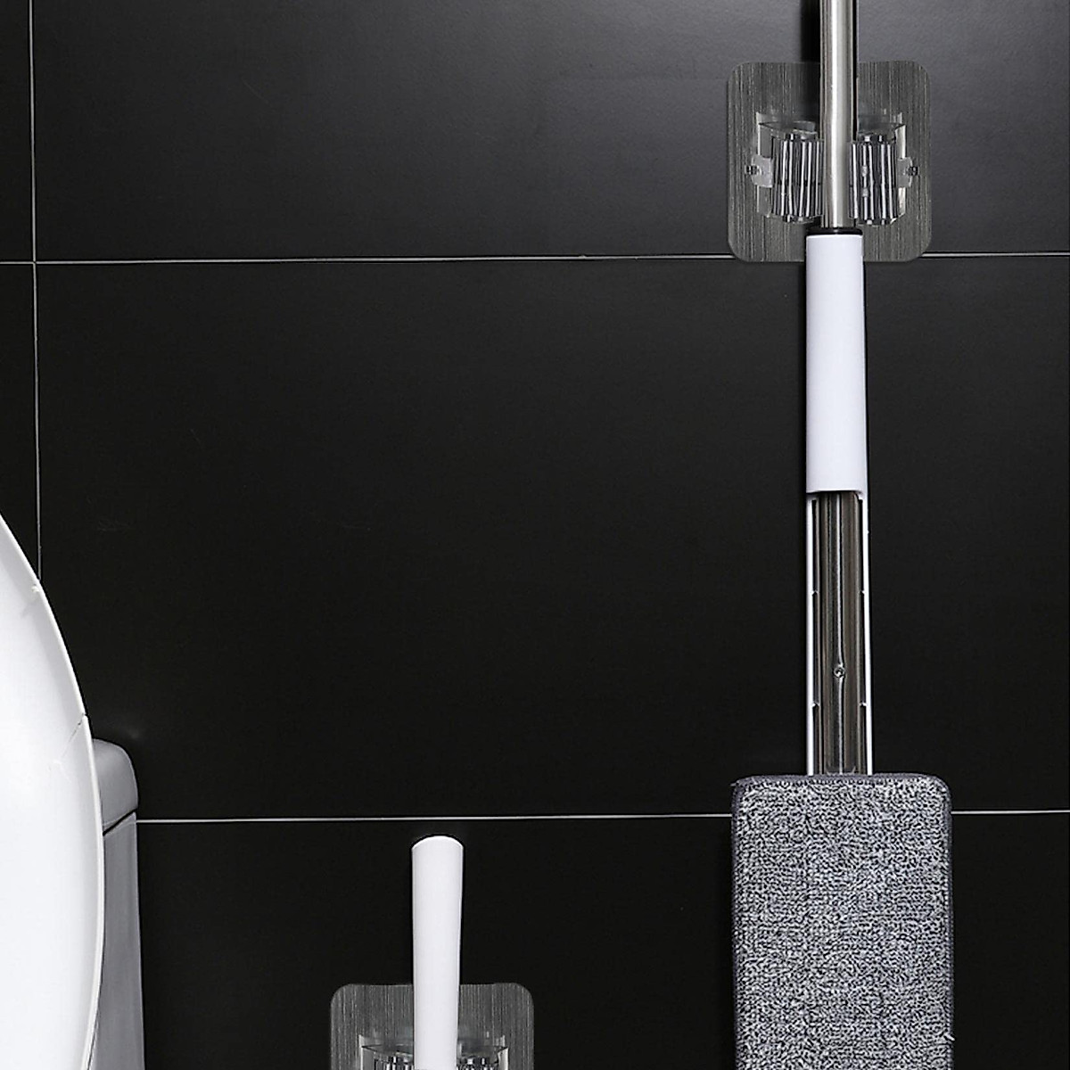 YIWULA 4PCS Mop Broom Holder No Drill Stainless Steel, Mop Broom Organizer Wall Mounted Heavy Duty with Hooks Hanger, Storage Rack Self Adhesive for Bathroom, Kitchen, Office (Black)