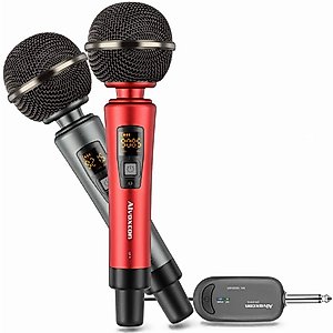 Alvoxcon Wireless Microphone System, Rechargeable UHF Dynamic Handheld mics for Phone, DSLR Camera, Karaoke, PA Speaker, DJ, Video Vocal Recording, Singing, YouTube, Podcast, Vlog, Church, Interview