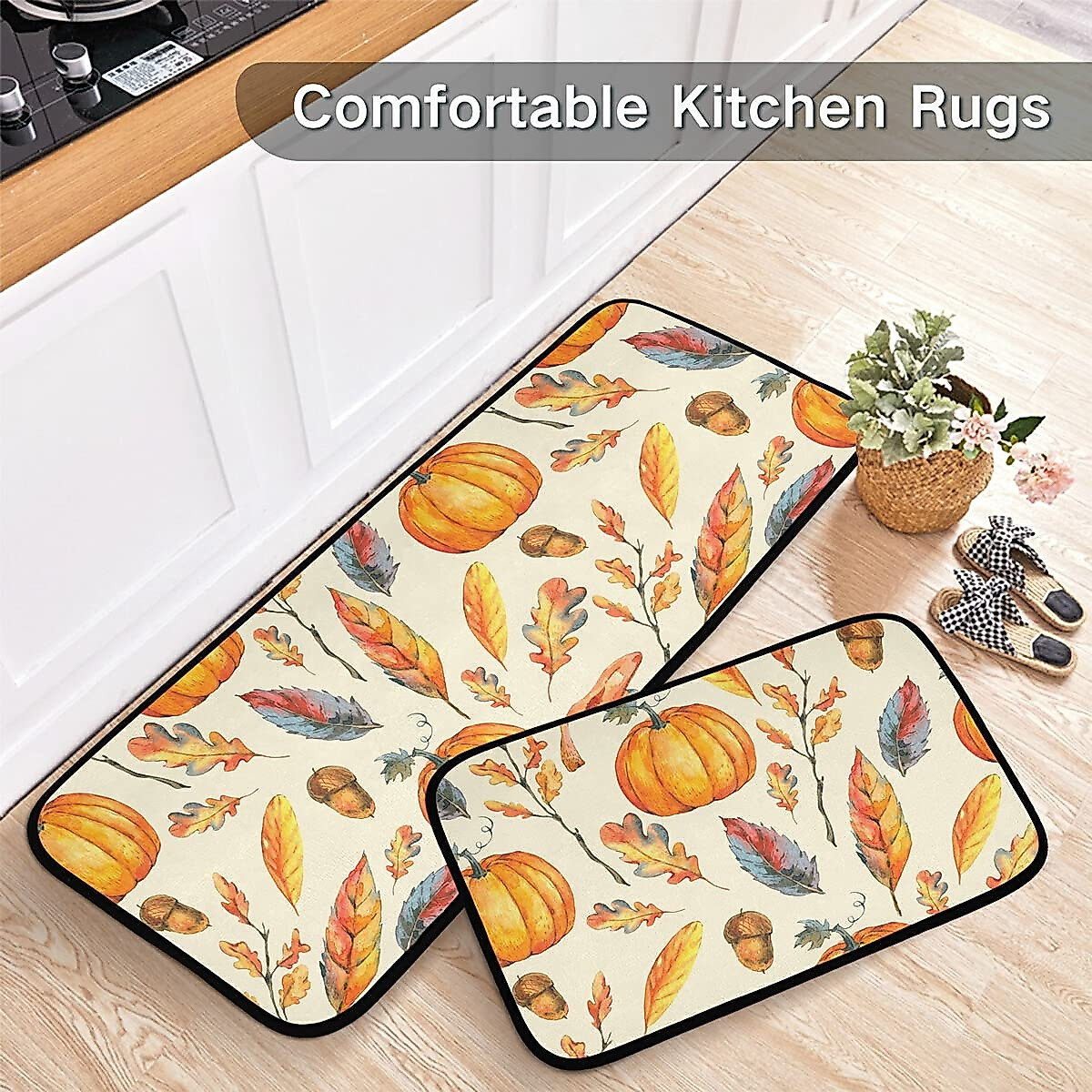 Emelivor Pumpkins Kitchen Rugs and Mats Set 2 Piece Non Slip Washable Runner Rug Set of 2 for Kitchen Floor Home Sink Ladunry Office