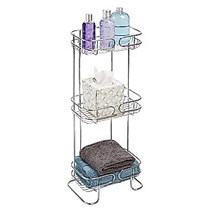 mDesign Rectangular Metal Bathroom Shelf Unit - Free Standing Vertical Storage for Organizing and Storing Hand Towels, Body Lotion, Facial Tissues, Bath Salts - 3 Shelves - Chrome