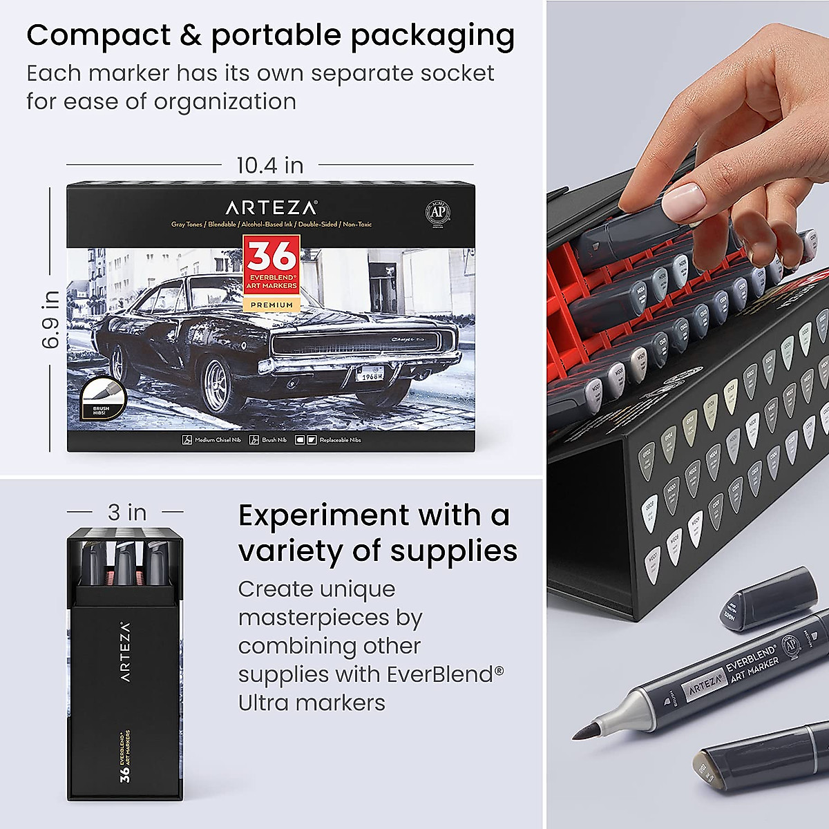 ARTEZA Alcohol Brush Markers Set of 36 Grayscale Dual Tip Markers with Organizer Box, Medium Chisel and Brush Nib