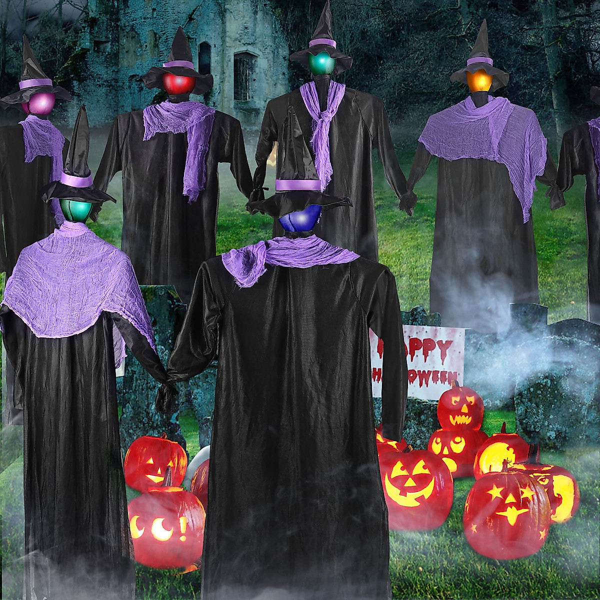 Halloween Decorations Outdoor, 3 Pack 6FT Holding Hands Halloween Witches with Stakes and Color Changing LED Lights, Scary Screaming Voice Control Witch for Outdoor Lawn Yard Home Party Decoration