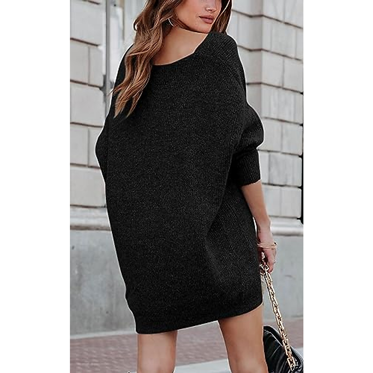 PRETTYGARDEN Women's Pullover Sweater Dress Casual Long Sleeve Ribbed Knit V Neck Loose Oversized Sweaters Dresses (Black,Large)