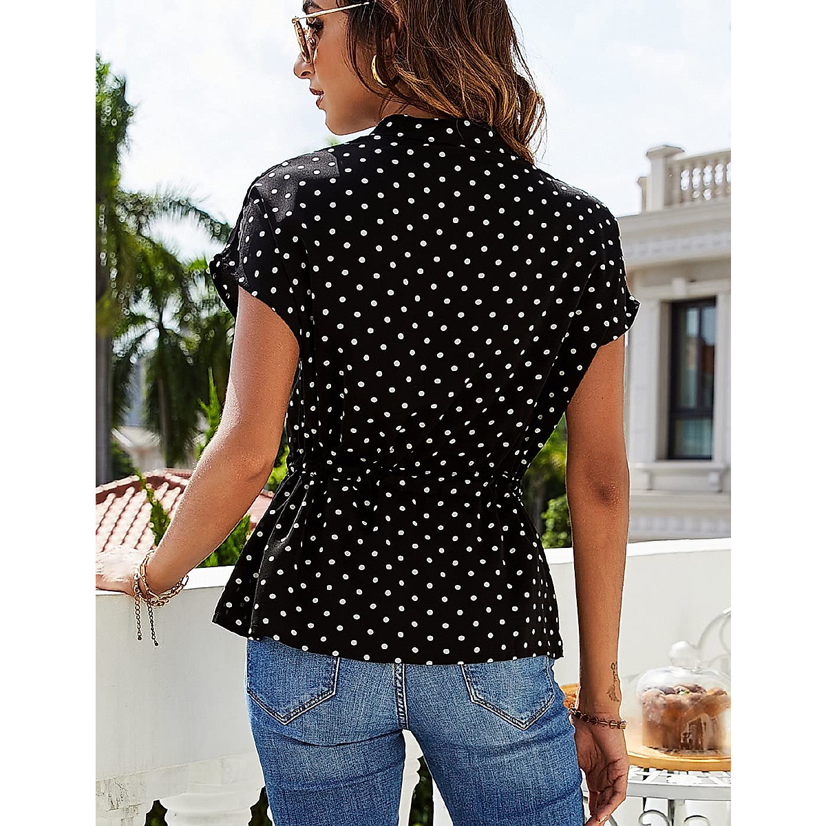 Womens Button Down Blouses Casual Peplum Summer Tops Dressy Chiffon Work Blouse Polka Dot Black Large