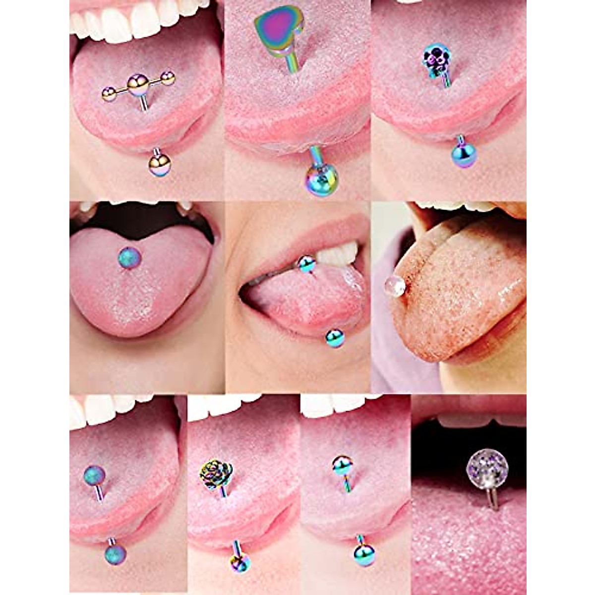 Prjndjw 14G Surgical Steel Tongue Rings for Women Men Teaser Double Barbell with Slave Ring Skull/Flower/Silicone Soft Spike Ball/CZ/Door Knocker/Pill Tongue Ring Piercing Jewelry 5/8inch Rainbow
