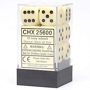 Chessex 25600 Opaque 16mm d6 Dice Block, Ivory and Black