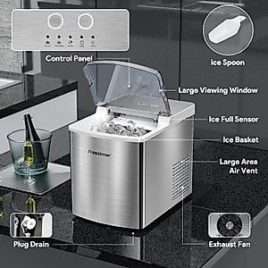 Ice Maker Machine for Countertop, Freezimer 33 lbs/24Hrs, 9 Cubes Ready in 6 Mins Self-Cleaning Electric Ice Machine with Ice Scoop and Basket for Home Kitchen Bar Party - Silver