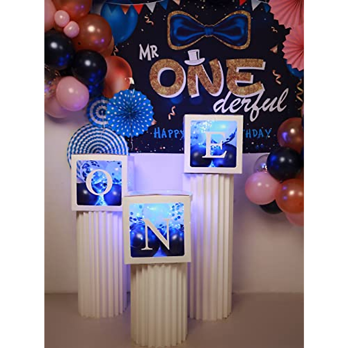 FIGEPO First Birthday Balloons Boxes with 3 LED String Lights and 12 Blue Balloons 12 Confetti Balloons ONE Transparent White Blocks for Baby Boy 1st Birthday Decorations baby shower Photo Shoot Prop