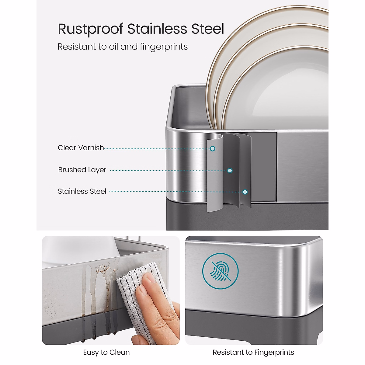 SONGMICS Large Dish Drying Rack, Expandable Dish Dryer for Kitchen Counter, Stainless Steel Dish Rack with Rotatable Spout, Utensil, Cup, Glass, Cutting Board, Pan Holders, Silver and Gray UKCS037G01