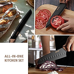 hecef Vintage Kitchen Knife Set, Stainless Steel Non-stick Black Coated Knives with Extra Sheaths, Includes 8'' Chef Knife, 8'' Bread Knife, 7'' Santoku Knife, 5''Utility Knife and 3.5'' Paring Knife