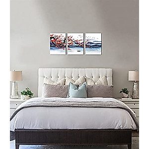 Canvas Art Wall Decor for Bedroom 3 Pieces Framed Wall Art Modern Wall Decor for Bathroom Mountain Lake Plum Blossom Theme Art Prints Modern Wall Art Artwork for Kitchen Home Walls 12x16 Each Panel