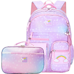 Backpacks for Girls, Kids Backpack School Bookbags with Insulated Lunch Box for School Elementary Girl, School Bag with Laptop Compartments, Galaxy Purple