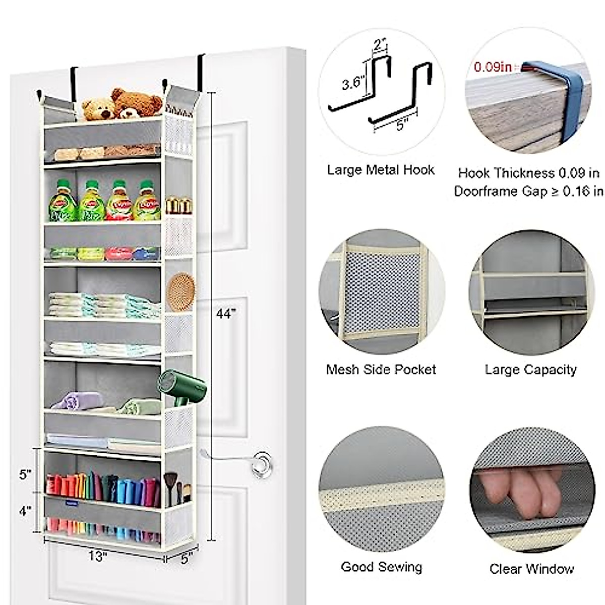 roomtalk Over The Door Hanging Organizer 5-Shelves for Bathroom, Door Organizer Hanging with 2 Large Metal Hooks & 10 Pockets, Over The Door Storage for Baby Nursery, Grey
