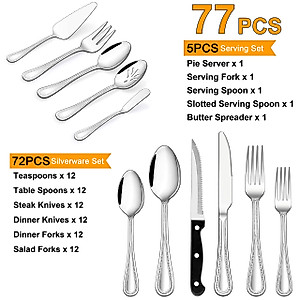 Homikit 77-Piece Silverware Set with Steak Knives and Serving Utensils, Stainless Steel Flatware Cutlery Set for 12, Modern Eating Utensil Tableware Sets with Pearled Edge, Include Knife Spoon Fork