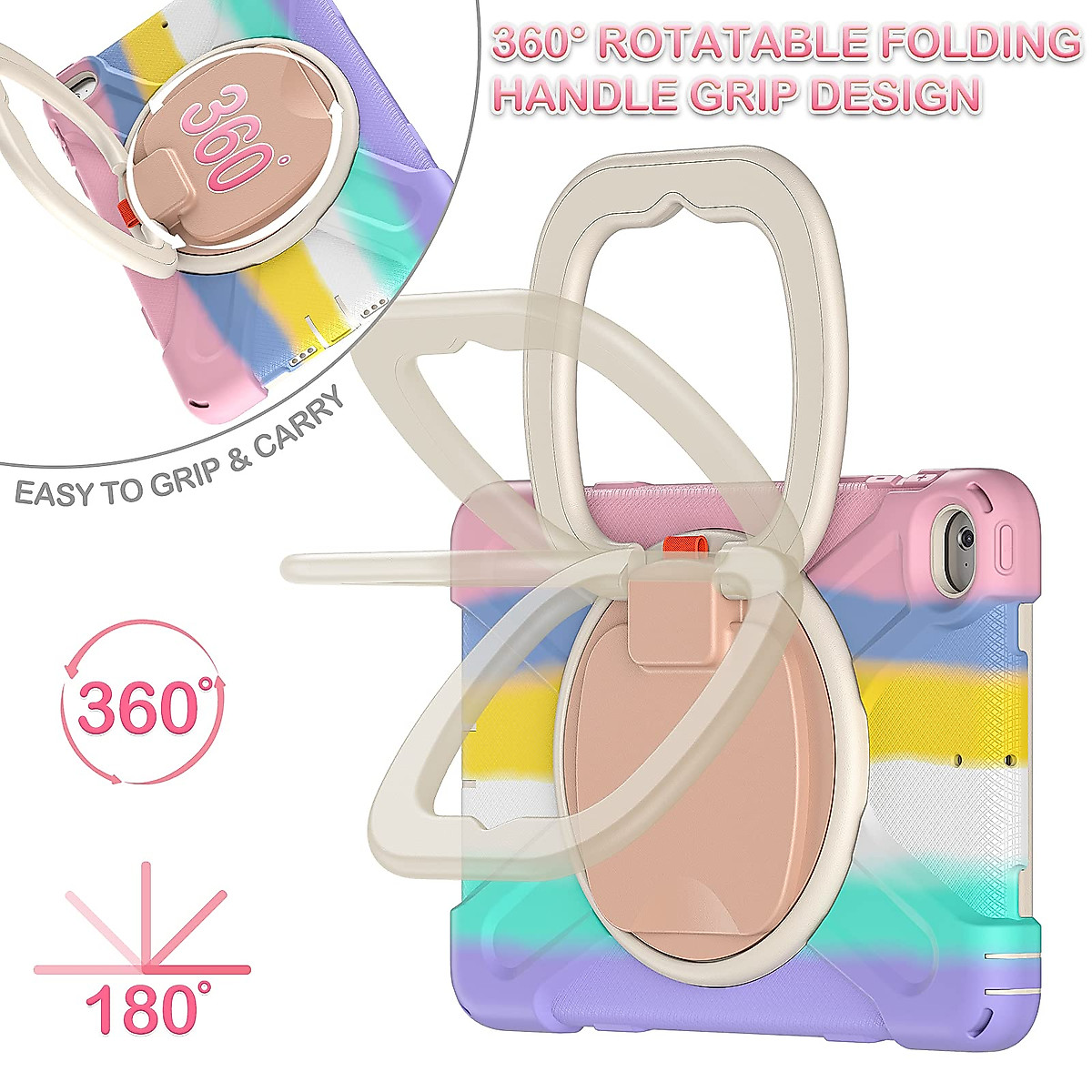 BATYUE iPad Mini 5 Case - iPad Mini 4 Case; Heavy Shockproof Drop Case with Pencil Holder/ 360° Swivel Stand/Shoulder Strap; Cover for iPad Mini 5th/4th Generation 7.9 Inch; for Kids (Colourful Pink)