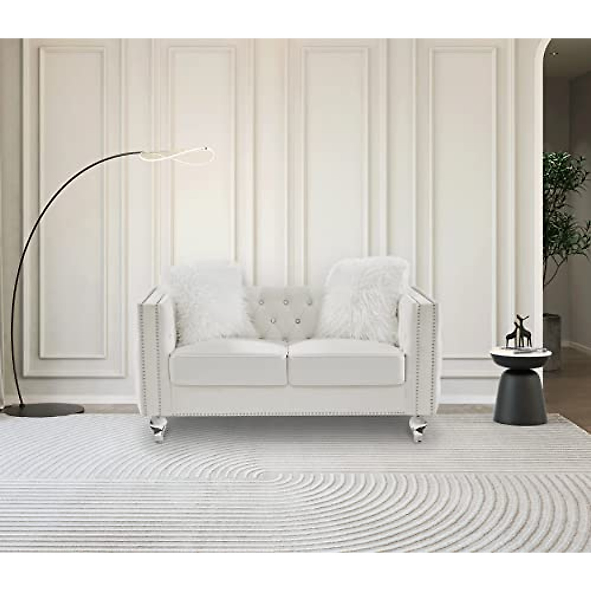 Melpomene Upholstered 60" Velvet Button Tufted Loveseat Sofa with Acrylic Legs,Luxury Chesterfield Sofa with 2 Pillows and Nailhead Trim Square Arms,Beige