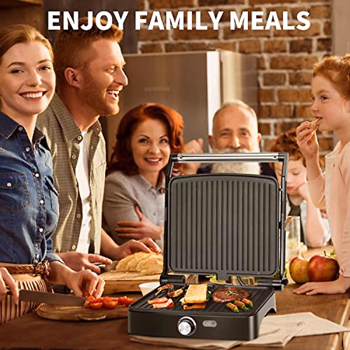 Aigostar Panini Press Grill, 4 Slice Sandwich Maker with Non-Stick Plates and Stainless Steel Surface, Opens 180 Degrees Indoor Grill, Removable Drip Tray, Indicator Lights, cool touch handle, 1200W