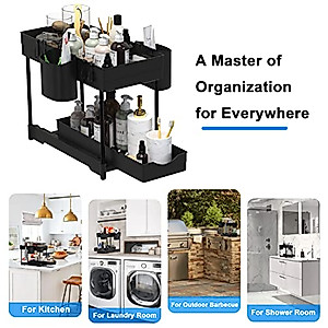 4 Pack 2-Tier Under Sink Organizer with Sliding Storage Drawer, Multi-Purpose Under Sliding Cabinet Shelf Basket Collection Organizer Drawer for Bathroom Kitchen with Hanging 8 Cup and 16 Hooks