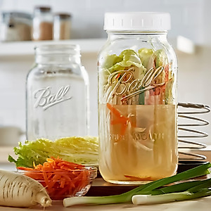 Wide Mouth Mason Jar 64 oz - (1 Pack) - Ball Wide Mouth 64-Ounces Half Gallon Mason Jar with White M.E.M Food Storage Plastic Lid. For Storage, Freezing, Leak Proof, Microwave & Diswasher Safe