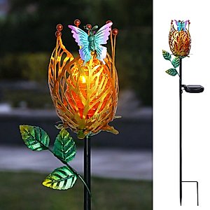 Solar Garden Lights Outdoor Decorative - Flower Solar Garden Stake Lights with Butterfly Landscape Path Lights Waterproof Solar Pathway Lights for Garden, Lawn, Patio, Yard Decorative（Yellow）
