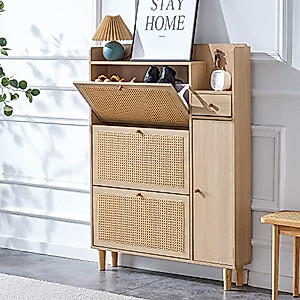 YardGo Freestanding Shoe Cabinet with 3 Flip Drawers and Door, Modern Rattan Shoe Storage Organizer, Small Household Furniture for Entryway, Hallway, Living Room