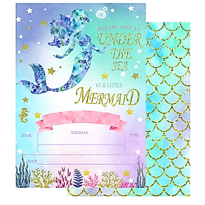 SamPartyShop Mermaid Invitations with Envelopes,Magical Glitter Mermaid Party Invitations,20 Fill in Mermaid Birthday Invitation Under The Sea Invitations