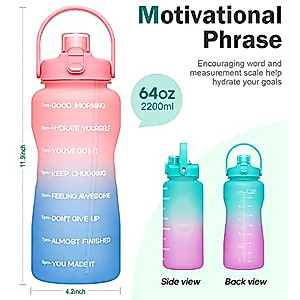 Half Gallon Water Bottle with 2-in-1 Lid (Straw lid/Chug Lid), Geritto 64oz Large Capacity Water Jug BPA-free Gallon Water Bottle, Leak-proof Water Jugs, Water Bottle with Time marker for Gym Outdoor Camping On-the-Go