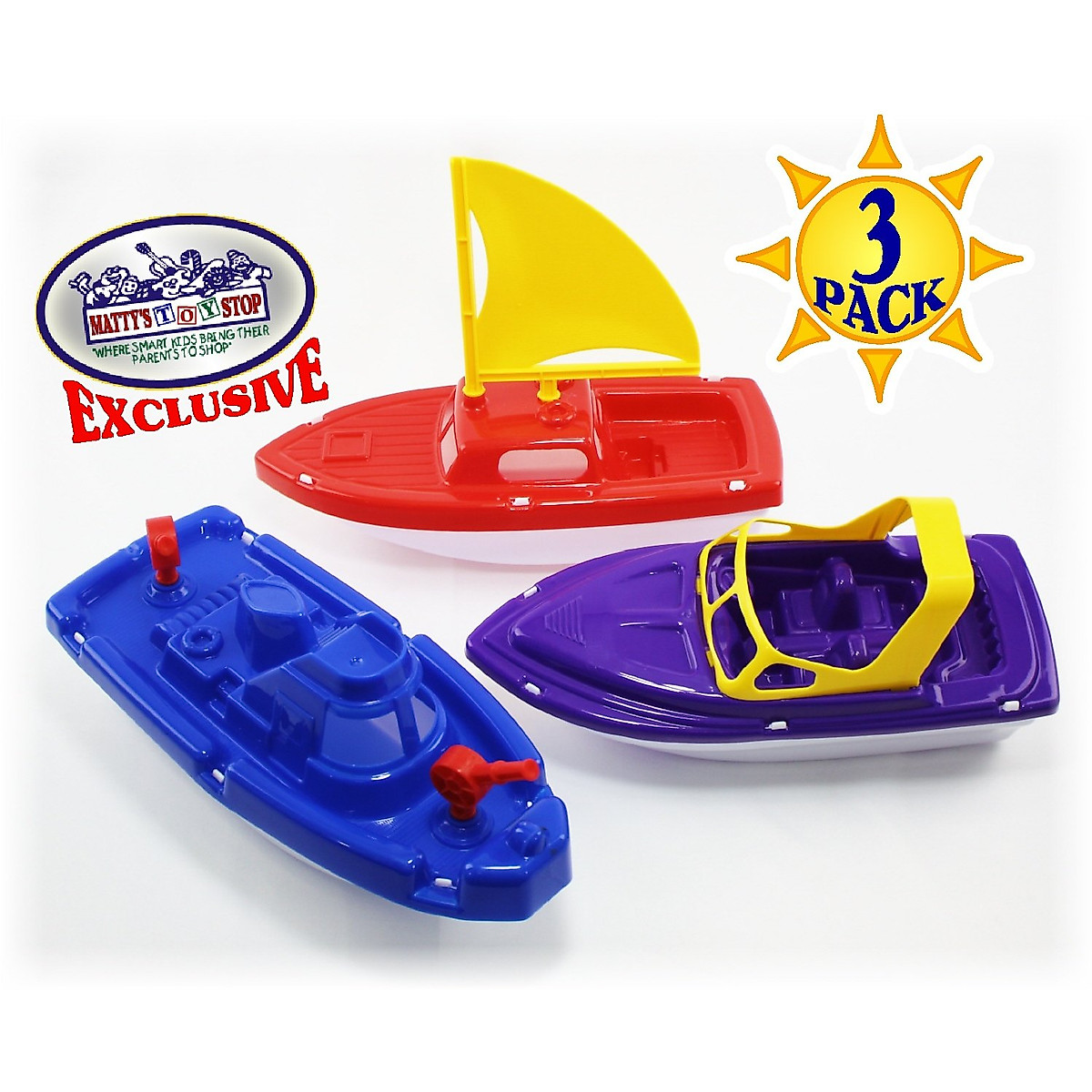 Matty's Toy Stop Plastic Boats Set Sailboat (Red), Speedboat (Purple) & Fireboat (Blue) Gift Set Bundle, Perfect Bath, Pool, Beach Etc. - 3 Pack