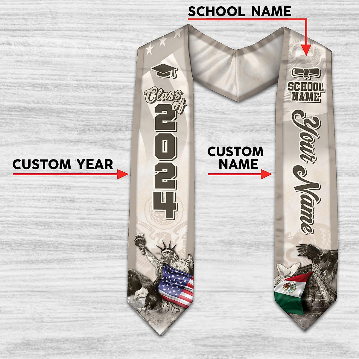 Custom Mexican American Flag Graduation Sash 2024, Mexican Graduation Sash, Mexico Graduation Stole Customize 10