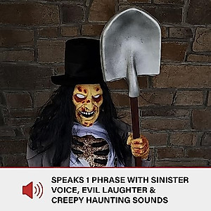 Haunted Hill Farm Motion-Activated Crouching Grave Digger by Tekky, Talking Scare Prop Animatronic for Indoor or Covered Outdoor Creepy Halloween Decoration, Plug-in or Battery Operated