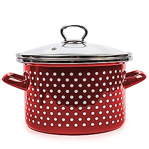 Enamel Stock Pot Burgundy Polka Dot Enamelware Pot Enamel Cooking Pot with Glass Lid (4.2-qt. (4 L))