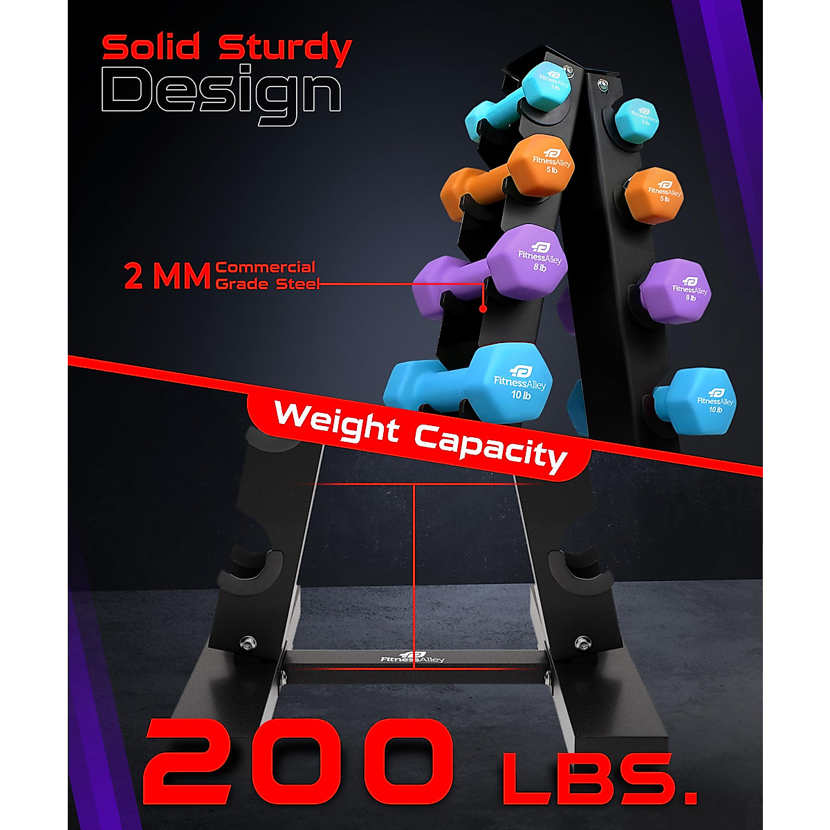 Fitness Alley Neoprene Dumbbell 5 Tier Rack & 5 Pairs Set (2,4,6,8,10 Lbs) Coated for Non Slip Grip - Hex Dumbbells Weight Set - Neoprene Hand Weight Pairs - Hex Hand Weights Neoprene Dumbbells Combo