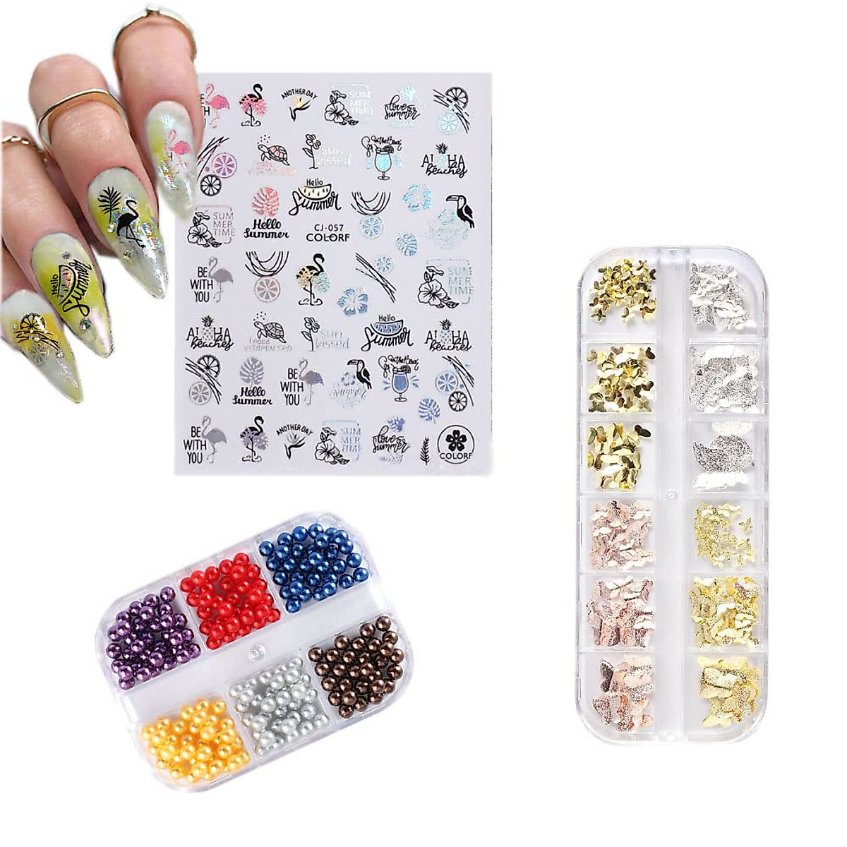 3D Butterfly Pearl Nail Charms Gems Accessories Flamingo Summer Party Nail Art Decoration Sticker Hand Account Stickers 3 Piece Set