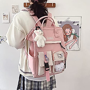 Kawaii Big Capacity Backpack with Kawaii Pin and Accessories, Cute Aesthetic Backpack Teen Girls Backpacks for School (Pink)