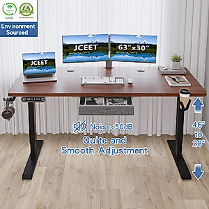 Jceet Electric Standing Desk with Drawer, 63x30 Inches Adjustable Height Sit Stand Up Desk with 4 Splice Boards, Home Office Desk Computer Workstation with Dark Walnut Top/Black Frame