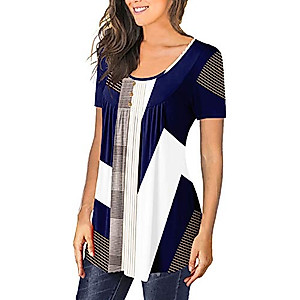 BeadChica Women's Tunic Tops For Leggings Short Sleeve Shirts Botton Up Casual Ruched Blouses Clothing Floral-XXL White Blue