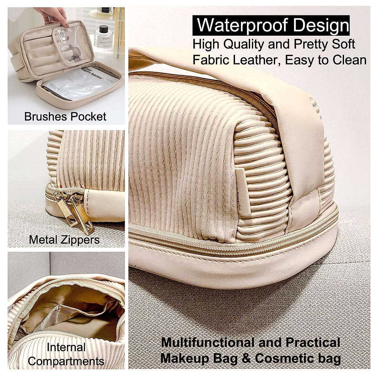 bolarstore Toast Large Makeup Bag,Double Layer Cosmetic Bag,Portable Toiletry Bag,PU Leather Travel Makeup Organizer,Waterproof Zipper Pouch,Large Capacity Multifunctional Bag for Women Girls,White