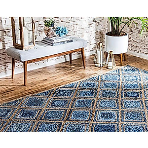 Unique Loom Braided Jute Collection Classic Quality Made Natural Hand Woven with Geometric Design Area Rug (9' 0 x 12' 0 Rectangular, Blue/ Natural)