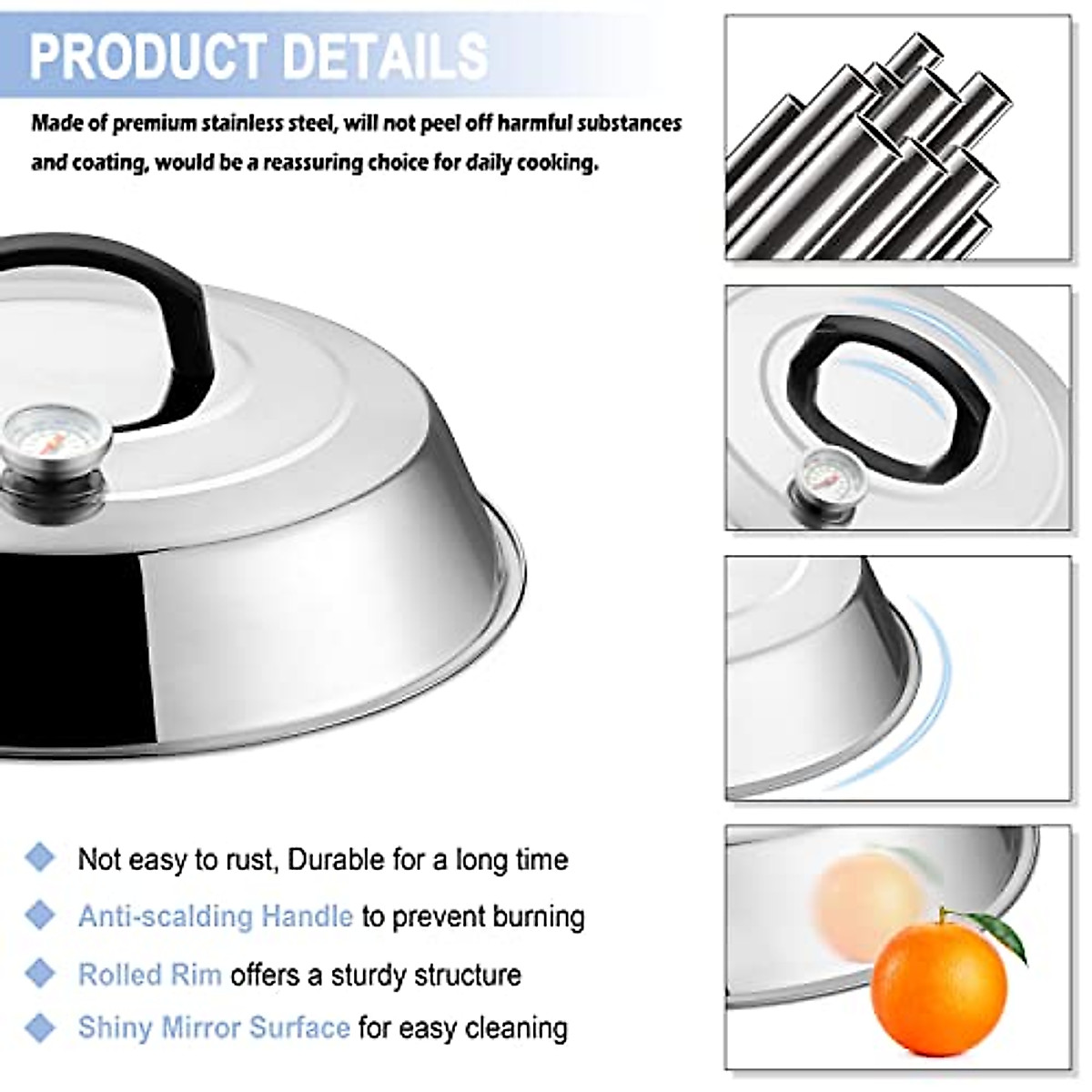 Joyfair 12 Inch Melting Dome with Built-in Thermometer, 2Pcs Stainless Steel Basting Cover Griddle Accessories for Outdoor Camping BBQ Grilling/Indoor Kitchen Cooking Steaming, Extra Thick Steel