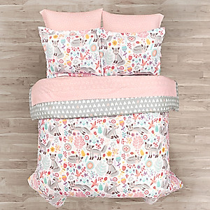 Lush Decor Pixie Fox Reversible Comforter Set, 5 Piece Set, Twin XL, Pink & Gray - Kids Bedding with Sheet Set - Comforter Set for Girls - Toddler Bedding - Floral & Hearts - Woodland Bedroom Decor