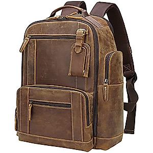 Masa Kawa Vintage Full Grain Leather 15.6" Laptop Backpack for Men Large Camping Travel Rucksack Weekender Daypack, Brown