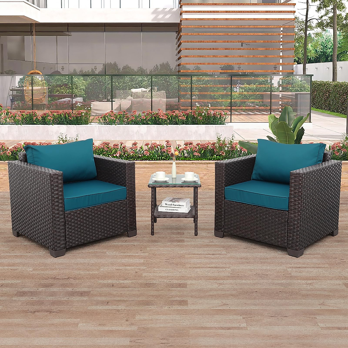 Patio Furniture 3 Piece Patio Set Patio Conversation Sets Outdoor Chairs and Glass Side Table Balcony Furniture with Non-Slip Cushions and Waterproof Covers, Peacock Blue